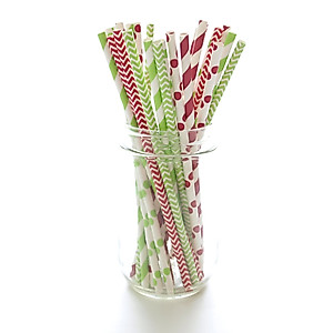 Merry Christmas Straws (25 pack) - Holiday Favors, Cake Pop Sticks, Christmas Decoration, Candy Cane Red Stripe & Christmas Tree Green Straws