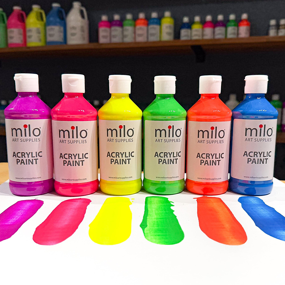 milo Fluorescent Acrylic Paint Set of 6 Colors | 4 oz Bottles | Student Neon Colors Acrylics Painting Pack | Made in the USA | Non-Toxic Art & Craft Paints for Artists, Kids, & Hobby Painters | Glows UV in Black Light