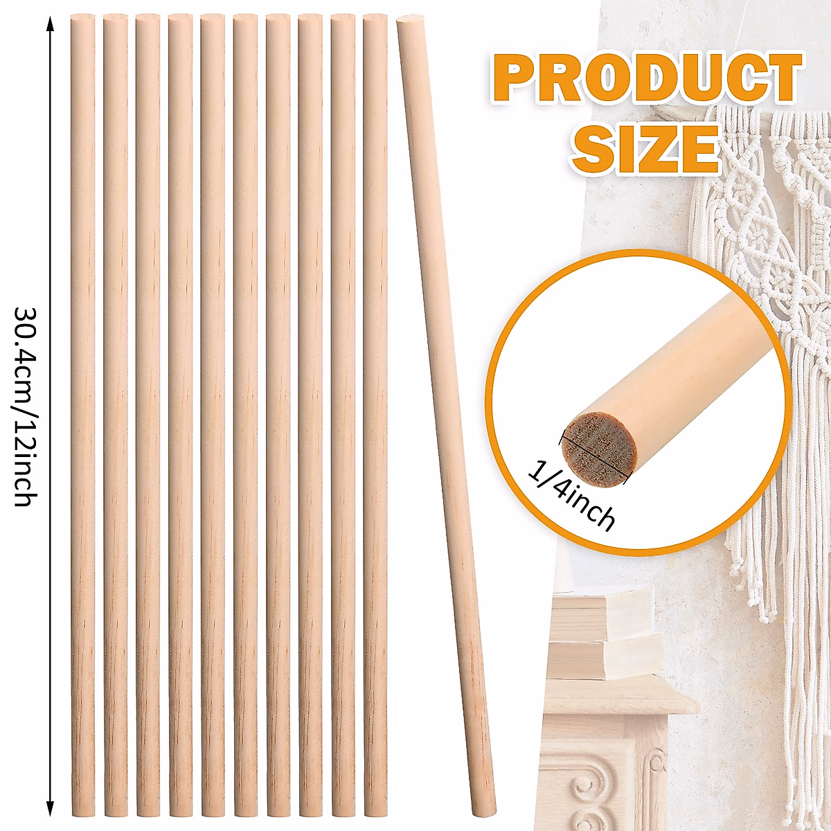 200 Pcs Dowel Rods Wood Sticks Wooden Dowel Rods Round Unfinished Wood Sticks for Crafts Long Wood Dowels for Home Party Decor DIY (1/4 x 12 Inch)