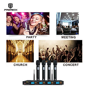 PRORECK MX44 4-Channel UHF Wireless Microphone System with 4 Hand-held Microphones Karaoke Machine for Party/Wedding/Church/Conference/Speech
