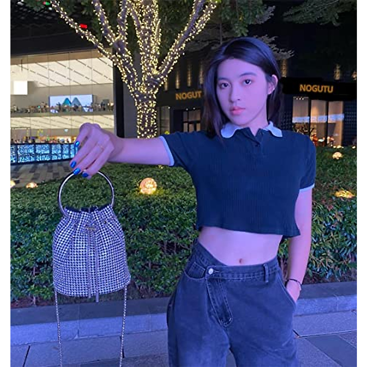 Rhinestone Purs for Women Clutch Purses Crystal Mini Top Handle Handbag Chain for Party(Buckle-Silver)