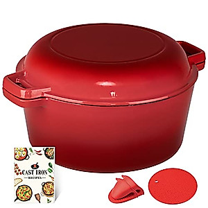 Overmont 2 in 1 Enameled Cast Iron Dutch Oven with Skillet Lid & Cookbook for Induction, Electric, Grill, Stovetop, Bread Baking (5 Quart)