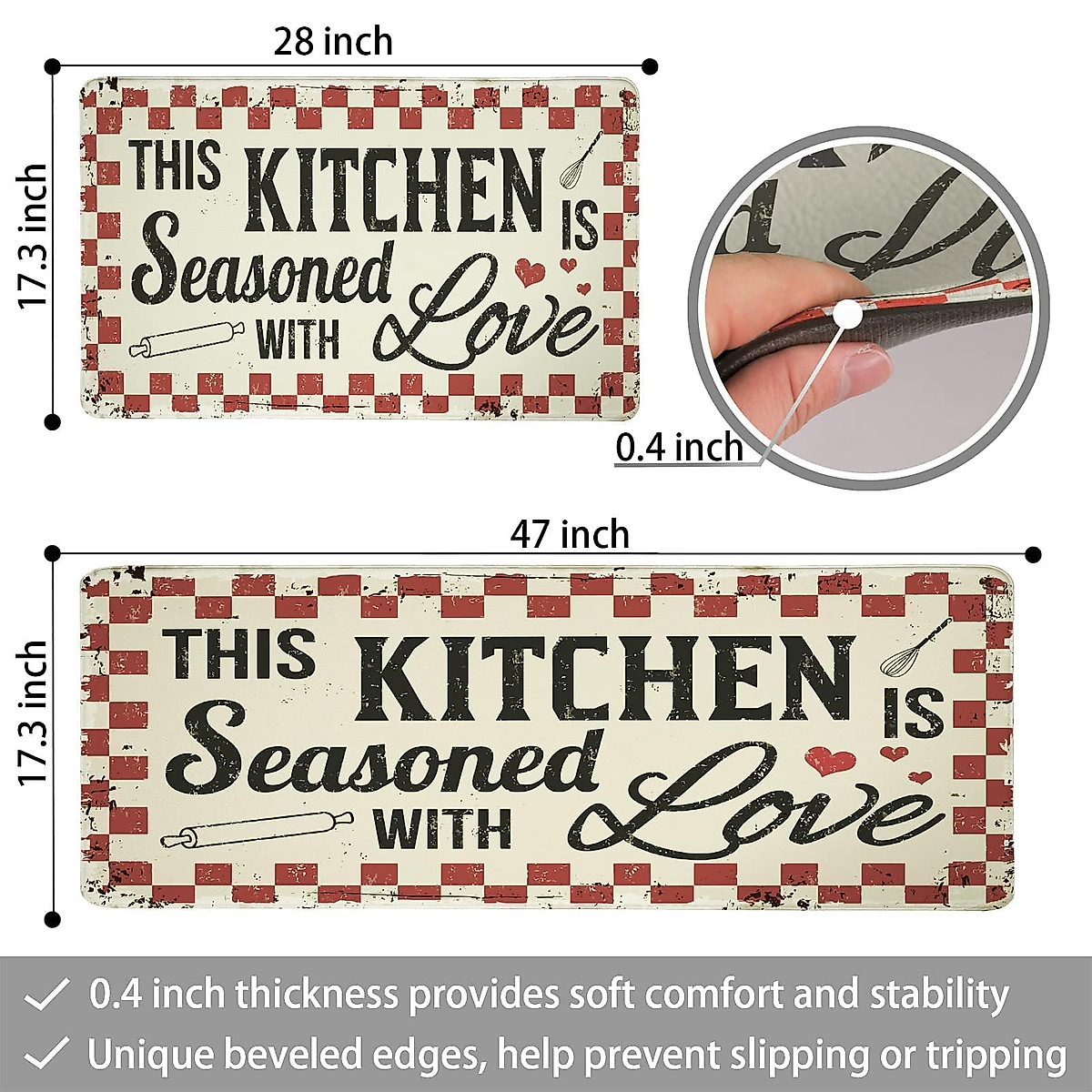 tubeamin Red Buffalo Plaid Kitchen Rugs Set of 2 Anti Fatigue Kitchen Mats for Floor Foam Cushioned Non Slip Kitchen Rug Farmhouse Style Waterproof Comfort Padded Standing Mat for Sink, Laundry