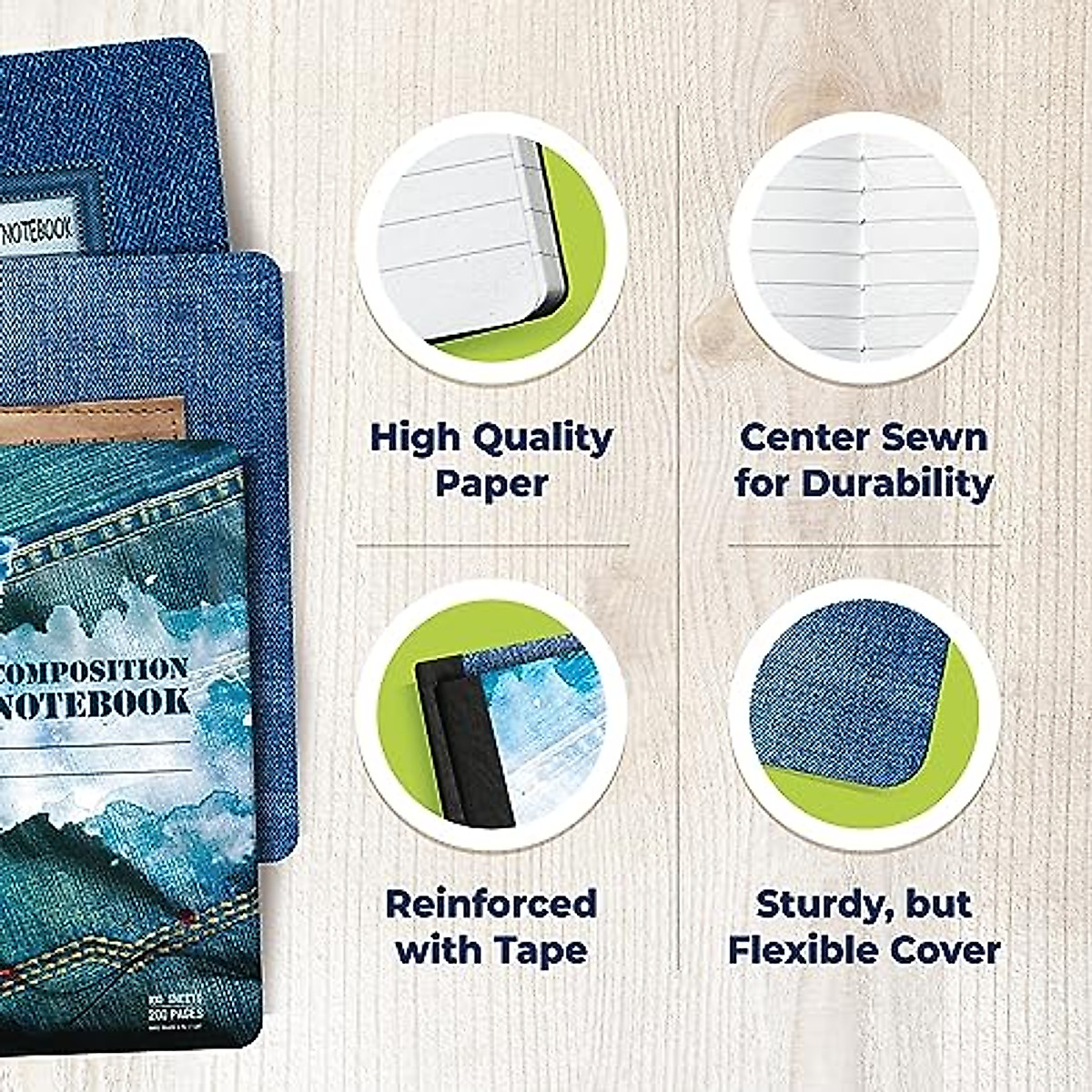 E-CLIPS USA Composition Notebook Wide Ruled, Aesthetic Composition Notebook, Hard Cover, Jean Print Preppy Composition Notebook, 100 sheets 200 Pages (3 Pack)
