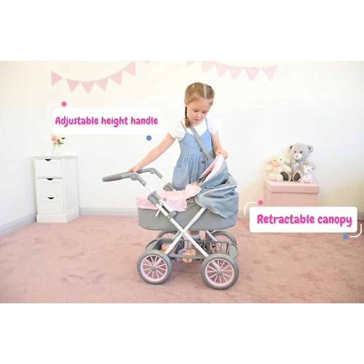 KOOKAMUNGA KIDS Baby Doll Stroller - Foldable Baby Stroller for Dolls - Play Stroller & Bassinet w/Retractable Canopy - Diaper Bag - Adjustable Soft Grip Handle - Ideal for 16” 18” & 20” Dolls