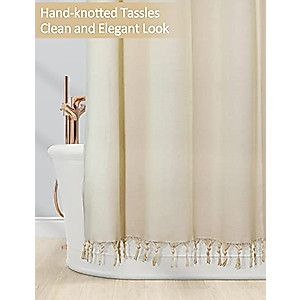 SUMGAR Cotton Shower Curtain Boho Farmhouse Shower Curtains for Bathroom with Tassels & Jacquard Striped Window, Beige Fabric Fringe Shower Curtain Set with Hooks, 72" x 72"