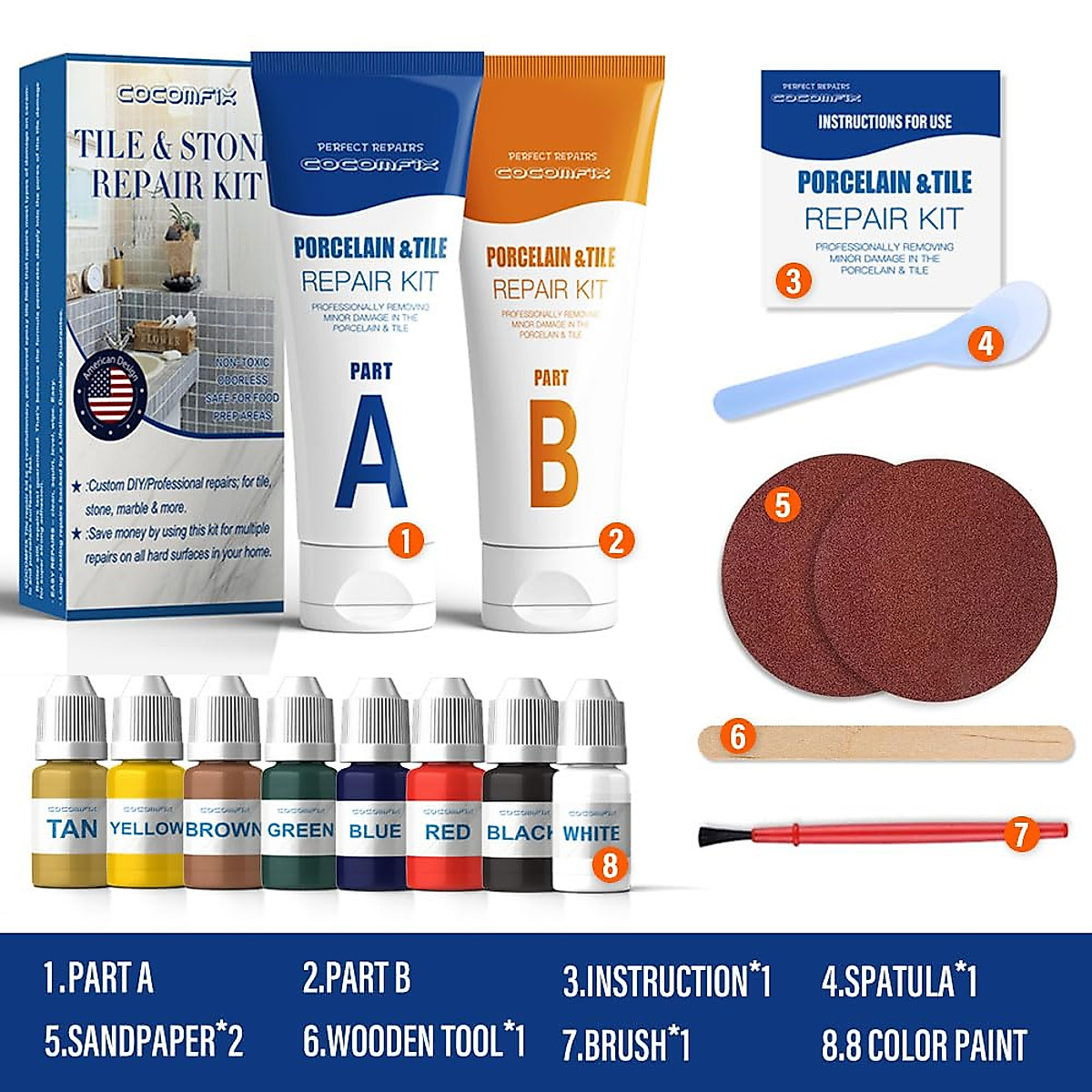 Tile Repair Kit, Ceramic Tile Repair Kit(Color Match), Porcelain Repair Kit with Super Strong Adhesion, Fix Porcelain Tile Chips, Cracks, Holes on Ceramic Tile, Porcelain, Acrylic, Fiberglass