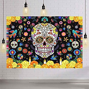 MEHOFOND 7x5ft Day of The Dead Backdrop Sugar Skull Dia De Los Muertos Photography Background Mexican Fieasta Marigold Candle Floral Dress up Festival Party Decor Cake Smash Banner Photo Studio Props