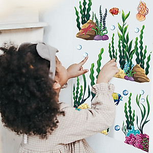 Under the Sea Wall Decals 2 Sheets Ocean Wall Decals Stickers Large Coral Reef and Seaweed, Bubbles Vinyl Wall Sticker Underwater Sea Wall Stickers for Toddler Baby Nursery Living Room Office Bathroom
