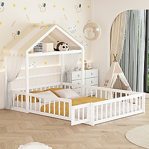 Merax Full Size Montessori Floor Bed with Fence and Door for Children Girls Boys, Wood Bed Frame with Full-Length Guardrails and Detachable House-Shaped Headboard,No Weight Limit, Kids Playroom, White