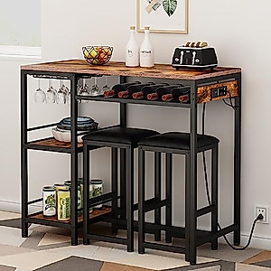 Gyfimoie Bar Table and Chairs Set with Power Outlet, Pub Table and Chairs Set for 2 with 2 Storage Shelves, 3 Piece Table Set with Wine Rack & Glass Holder for Living Room, Dining Room, Small Apt