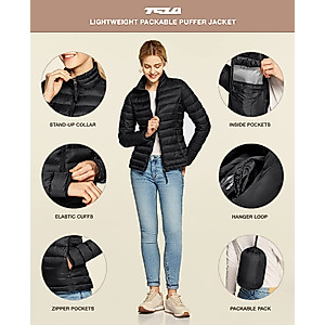 TSLA Women's Lightweight Packable Accent Puffer Jacket, Water-Resistant Winter Coat, Ascent Puff Packable Jacket Black, XX-Large