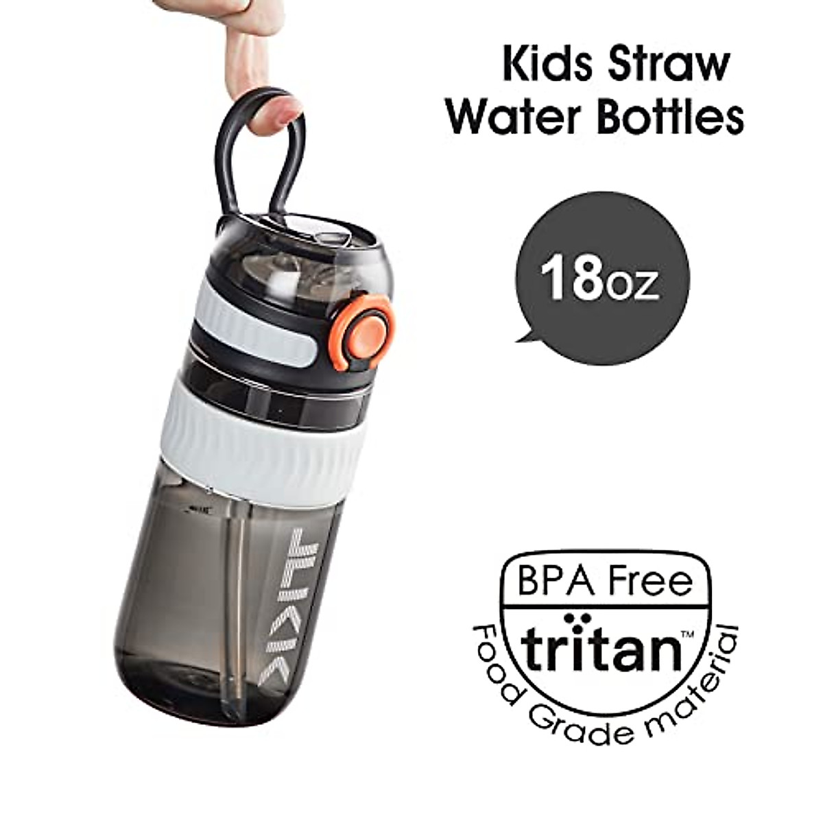 TKK 18oz Kids Water Bottles with Straw Lid & Carry Handle, Pop Button BPA Free Leak Proof Water Bottle for School, Black-NEW