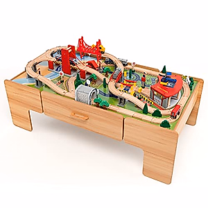 HONEY JOY Train Table, Wooden Kids Activity Table with Storage, 100 Multicolor Pieces, Tracks, Trains, Cars, Toddler Train Table Set with Reversible Tabletop, Gift for Boys Girls Age 3+, Natural