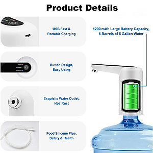 Vshinic Water Bottle Dispenser, Water Bottle Pump for 5 Gallon Bottle with TDS Water Quality Tester, USB Charging Automatic Drinking Water Jug Pump for Home,Office, Camping ect (White)