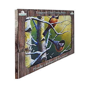 Rivers Edge Products Large 12in x 16in Decorative Tempered Glass Cutting Board, Hypoallergenic, Non Slip, Textured Surface Chopping Board for Kitchen, Cute Birds for Bird Watcher, Chickadee