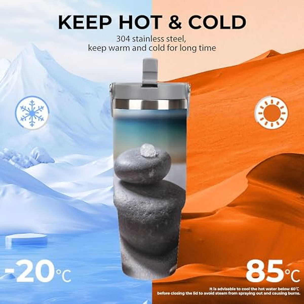 BWQJKUO Large Capacity Car Cup 30 Oz Stainless Steel Tropical Flower And Zen Stone Printed Travel Mug Leak-proof Flip Straw Tumbler with Handle,keeps Cold Or Ho