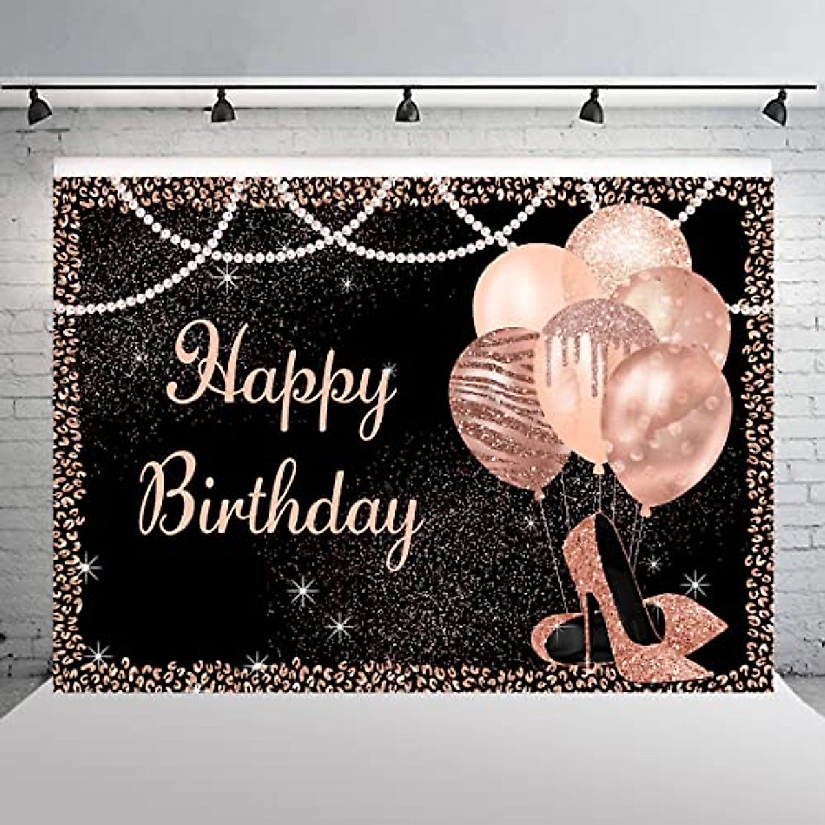 Wollmix Rose Gold Happy Birthday Decorations for Women Banner Backdrop 7x5ft Party Sweet 16 Girls Balloons Glitter Dots High Heels Photography Background Supplies Photo Booth Studio Cake Table
