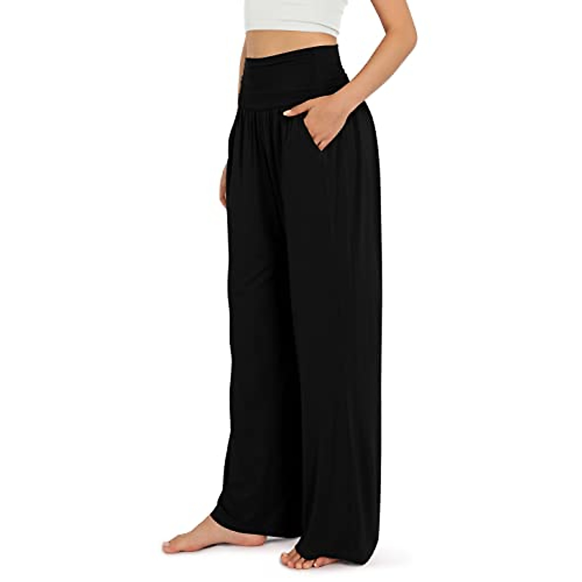ODODOS Women's Wide Leg Palazzo Lounge Pants with Pockets Light Weight Loose Comfy Casual Pajama Pants-28 inseam, Black, Large