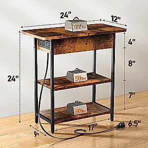 HOUIT End Table with Charging Station, Narrow Flip Top Side Table with USB Ports and Outlets, Nightstand with Storage for Small Spaces, Bedside Tables for Living Room, Bedroom