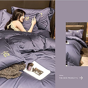 Wrinkle Stain Resistant Four Piece Bed Set Luxury Satin Sheet 4 Pcs King Set Sateen Long-Staple Cotton Embroidery Bed Sheet Set Queen Size Sheet Set (Purple 200x230cm)