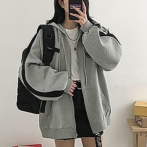 Womens Zip Up Hoodie Fashion Oversize Solid Hoodies Y2k Egirl Baggy Sweatshirts Hippie Top Teen Girls Fairy Grunge Sweater