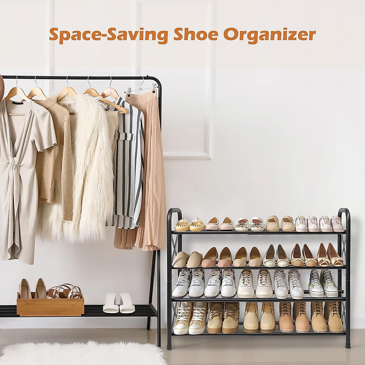 4-Tier Expandable Shoe Rack, Adjustable Metal Shoe Rack for Front Door Metal Black Free Standing Shoe Storage Organizer for Small Space Entryway Garage Hallway Bedroom Easy to Assemble, Black