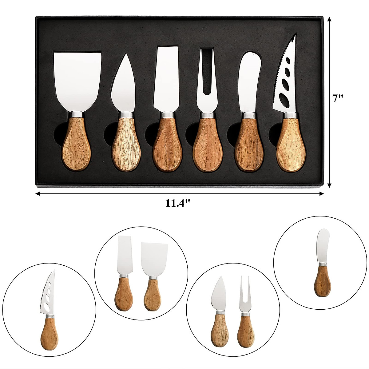 Okllen 6 Piece Cheese Knives Set with Acacia Wood Handles, Stainless Steel Cheese Knife Collection Cutlery Gift Set Cheese Slicer, Cutter, Fork, Spreading Knife for Charcuterie Boards, Pizza, Cake