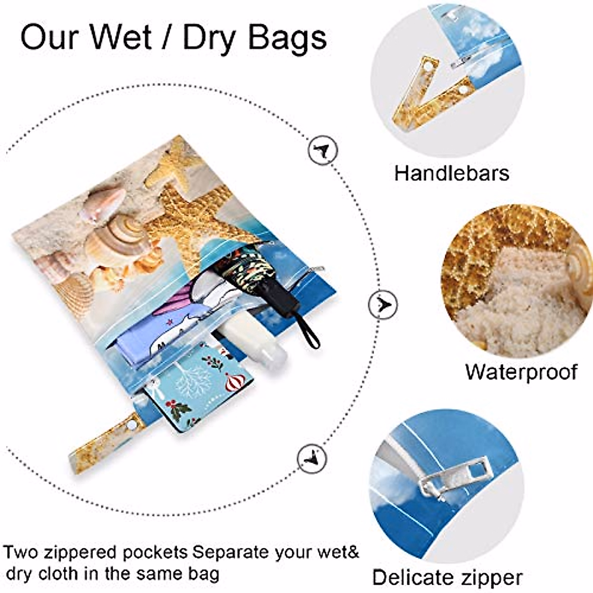 visesunny 2Pcs Wet Bag with Zippered Pockets Starfish Shell Washable Reusable Roomy Diaper Bag for Travel,Beach,Pool,Daycare,Stroller,Diapers,Dirty Gym Clothes, Wet Swimsuits, Toiletries