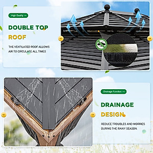 EROMMY 10' x 13' Hardtop Gazebo Outdoor Aluminum Wood Grain Gazebos with Galvanized Steel Roof and Mosquito Net for Patios, Deck,Backyard,Curtains&Netting