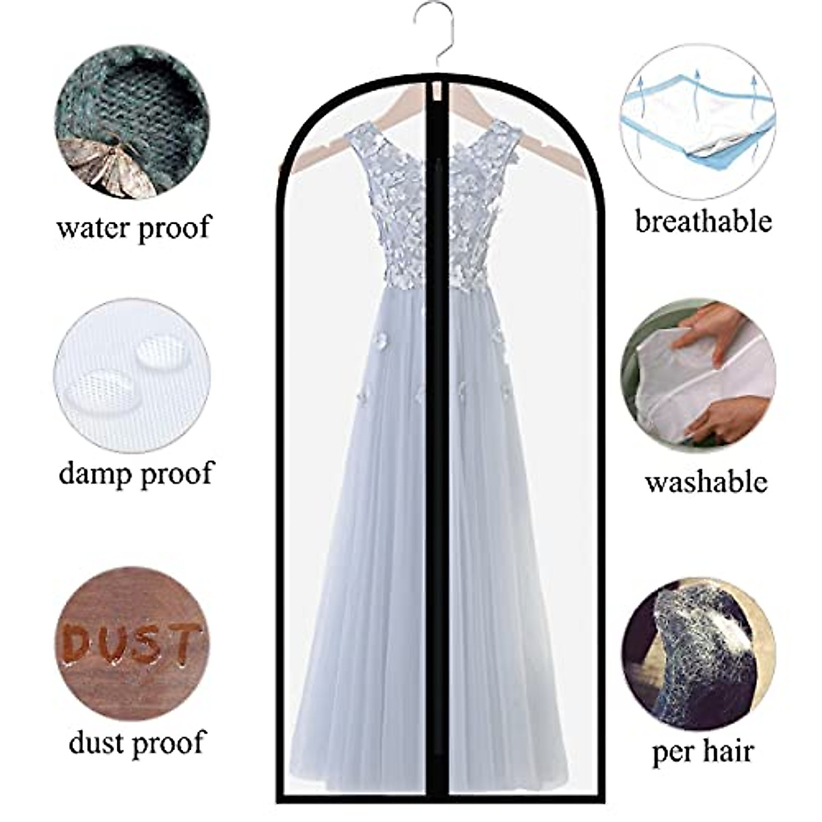 homeminda Extra Long Dress Garment Bags 60in Clear Hanging Lightweight Breathable Dust Cover with Study Full Zipper for Storage Clothes and Travel Pack of 6