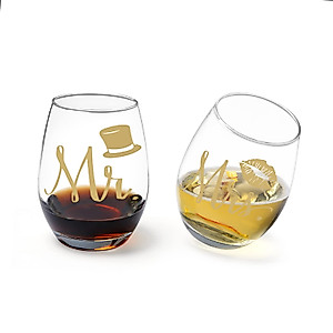 Jogskeor Mr and Mrs Wine Glasses, Stemless Wine Glasses 15oz, Wedding Anniversary Valentine's Day Engagement Birthday Christmas Gift for Bride and Groom, Couples, Mr Mrs
