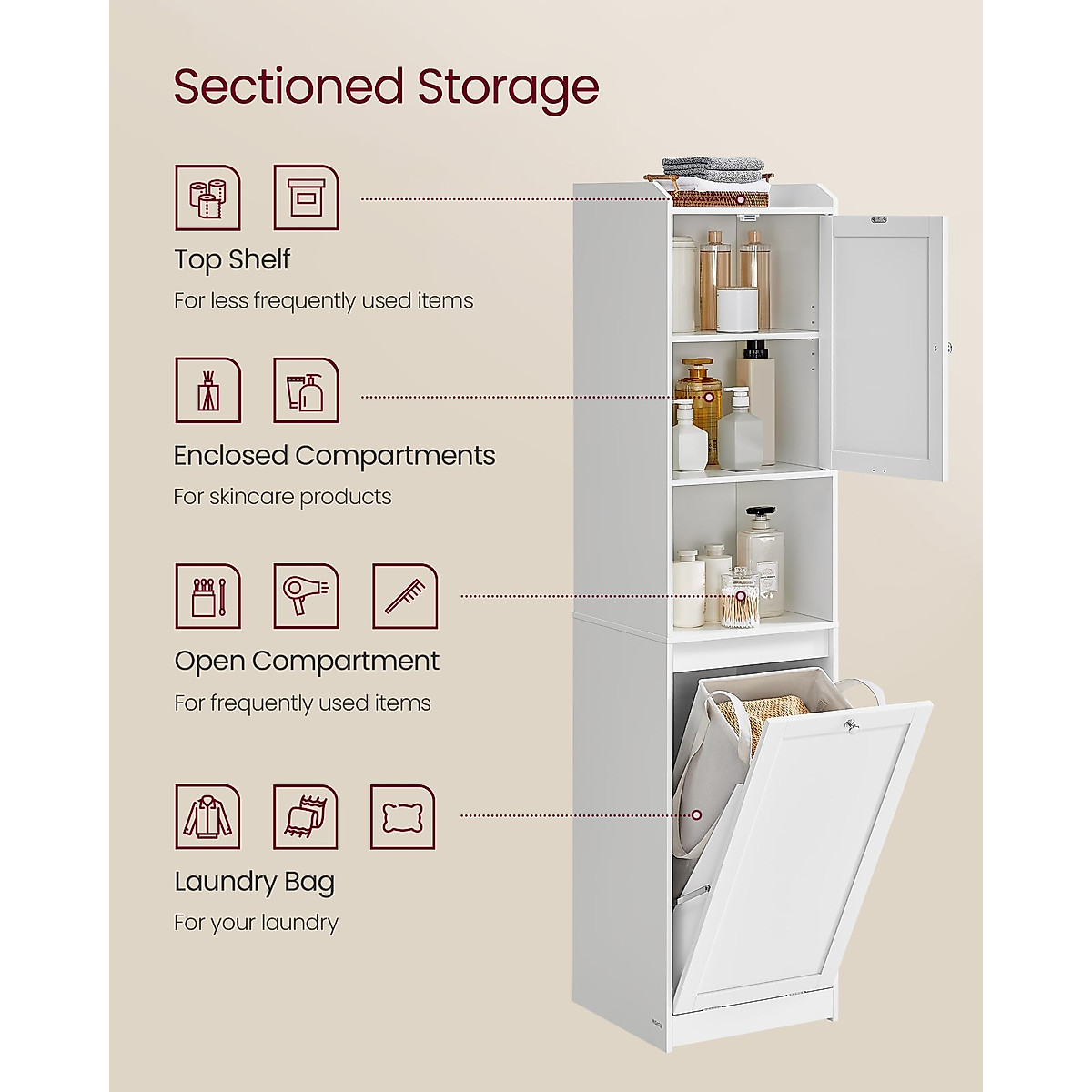 VASAGLE Tall Bathroom Cabinet with Laundry Basket, Removable Laundry Basket with Handles, Compartment with Door, Linen Tower, 15.8 x 15.8 x 66.9 Inches, Cloud White UBBC761W01