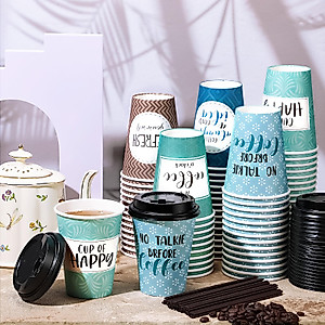 Gerrii 100 Pack Disposable Coffee Cups with Lids and Straws, Motivational Paper Cups with 6 Quotes and Designs Disposable Hot Cups for Water, Juice, Coffee, Tea, Home, Shop Cafe (Cool Style,12 oz)