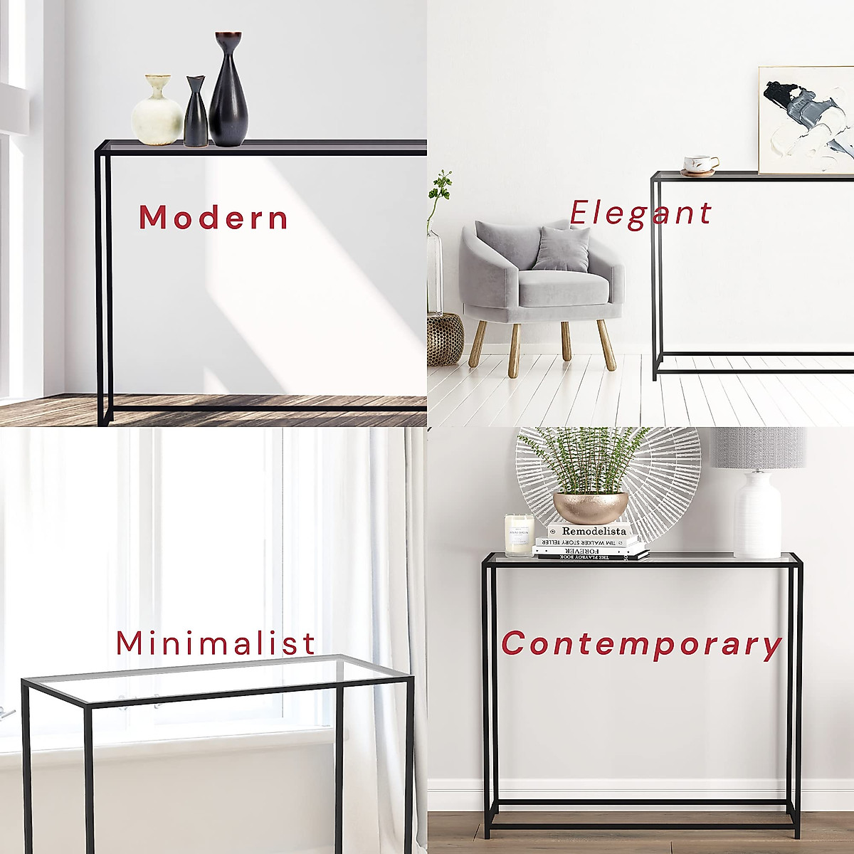 Safdie & Co. - Metal Console Table with Glass, Black Console Tables for Entryway, Use As Doorway Table, Narrow Bar Table, or Accent Furniture for Decorating Foyer, 12 x 28 x 31 Inches