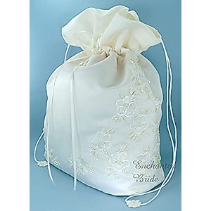 ENCHANTED BRIDE Satin Bridal Wedding Money Bag (#E1D4MBiv) in LARGE Size with Pearl-Embellished Floral Lace for Receiving Envelopes and cards, Bridal Purse, and Other Special Occasions