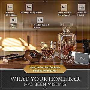 Torched Cocktails Whiskey Smoker Kit - Cocktail Smoker Kit, Torch, Wooden Gift Box, 4 Wood Chips Flavors, Whisky Stones, Tongs, and Spoon - Old Fashioned Smoker Kit for Bourbon, Wine, Beer