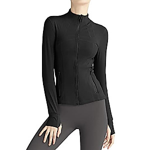 Gacaky Women's Slim Fit Workout Running Track Jackets Full Zip-up Yoga Athletic Jacket with Thumb Holes Black S