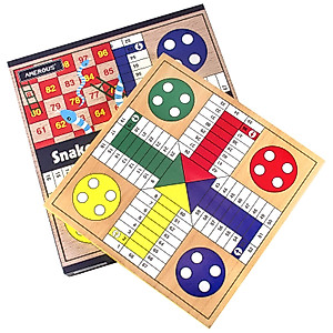 AMEROUS 12 inches Wooden Ludo Board Game - Snakes and Ladders, 2 in 1 Reversible, 1-4 Players Family Dice Games Set for Kids, Adults, Classics Tabletop Version (Gift Box Packed)