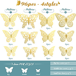3D Gold Butterfly Wall Decor 3 Sizes 4 Styles Butterfly Party Decorations Cake Decorations Removable Stickers Wall Decor Room Mural Metallic Kids (Gold, 96Pcs)