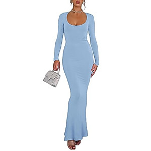 REORIA Womens Sexy Casual Scoop Square Neck Long Sleeve Soft Lounge Long Dress Fall Wedding Guest Elegant Ribbed Bodycon Maxi Dresses Blue Large