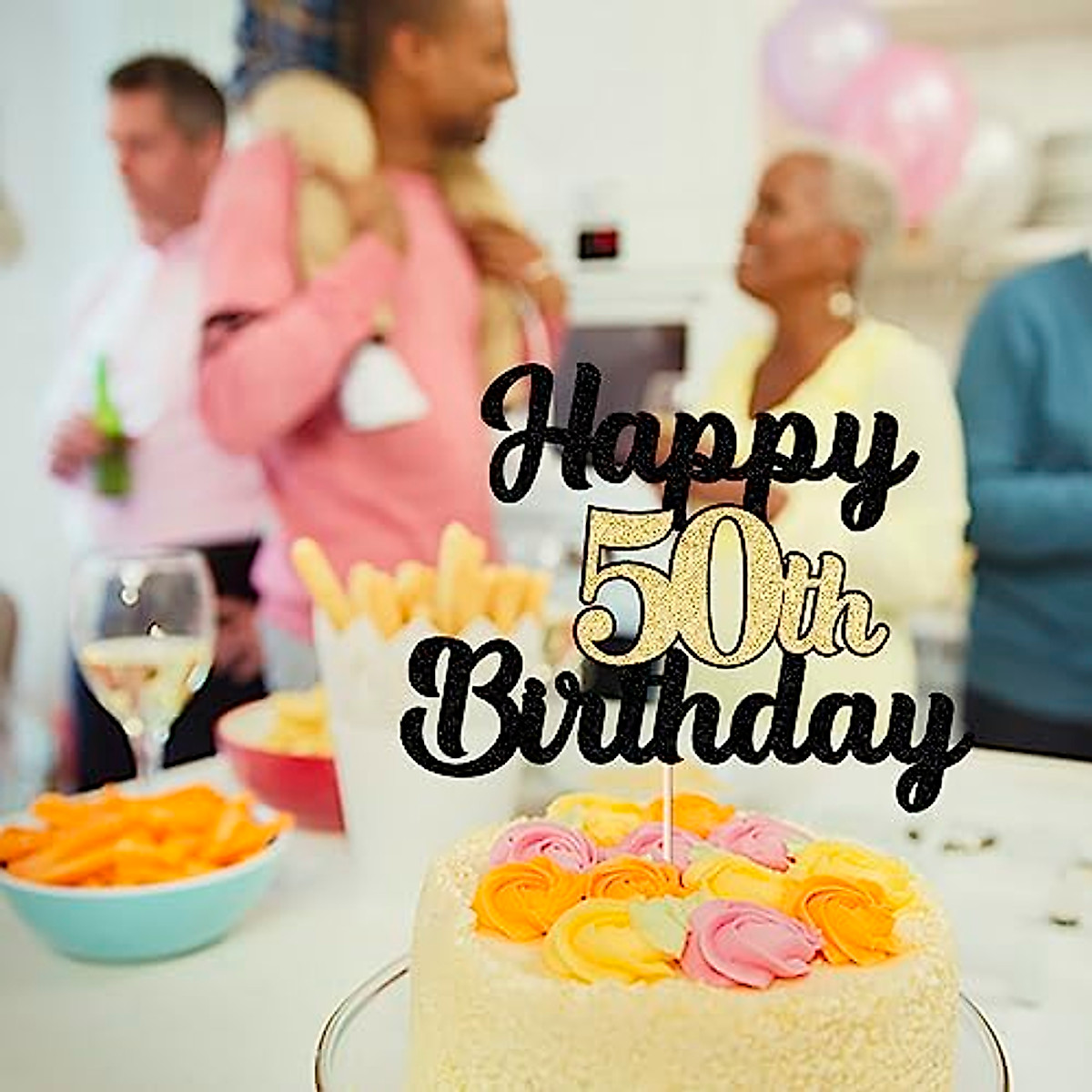 AROKIPPRY Black Gold Glitter Happy 50th Birthday Cake Topper,Happy 50 Birthday Cake Decoration for 50 & Fabulous Birthday,Hello 50 Party Anniversary Party Cake Decorations Supplies