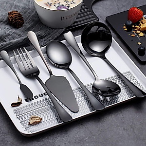 HOMQUEN 6-Piece Black Serving Flatware Silverware Set,Stainless Steel Serving Utensil Set,Include Cake Server, Slotted Serving Spoon, Serving Spoon, Cold Meat Fork, Butter Knife, Soup Ladle