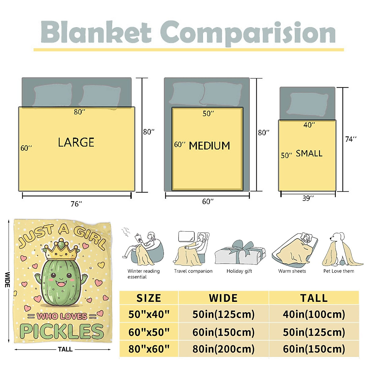 Pickles Blanket Gifts 60 x 50 Inch for Teen,Just a Girl Who Loves Pickles Fannel Fleece Super Soft Throw Blanket Travel Throw Blanket for Bed Couch Sofa