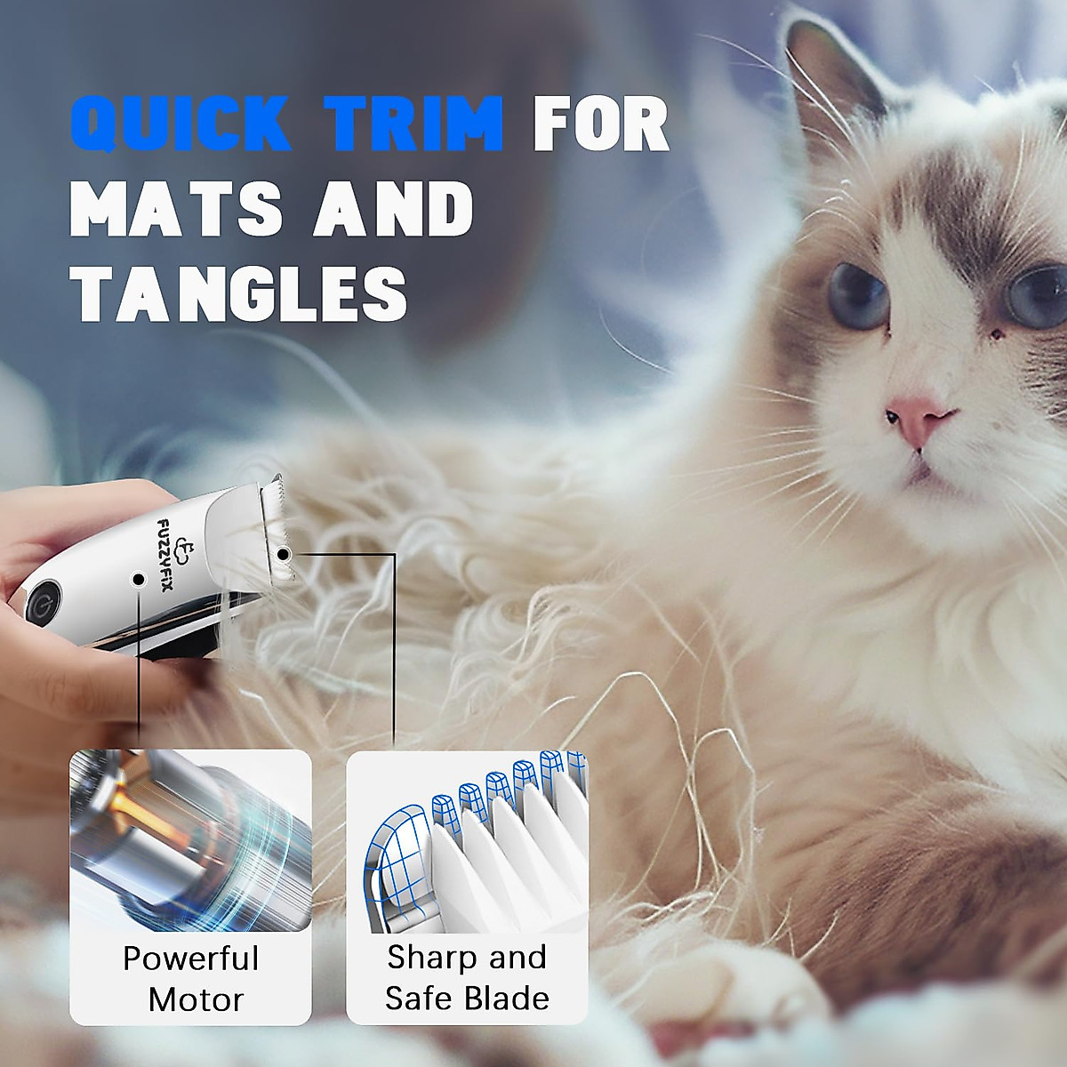 FuzzyFix Pet Grooming Clippers for Matted Hair Cat, Trimmer for Low Noise, Waterproof Portable USB Rechargeable Professional Cat Cippers for Dogs and Cats Eyes, Ears, and Paws Silver