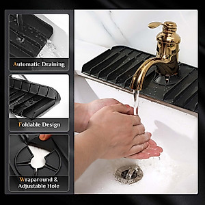 Nuovoware Silicone Sink Facucet Mat, Sink Self-Draining Pad Behind Faucet Anti-Slip Vertical Stripes Reusable Silicone Faucet Mat Pad Sink Drying Mat for Kitchen Sink Splash Guard, Black