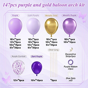 147pcs Purple and Gold Balloon Arch Kit, Purple and Gold Party Decorations with Purple Light Purple Dark Purple Metallic Purple Balloons for Birthday Wedding Baby Shower Party Decoration Women