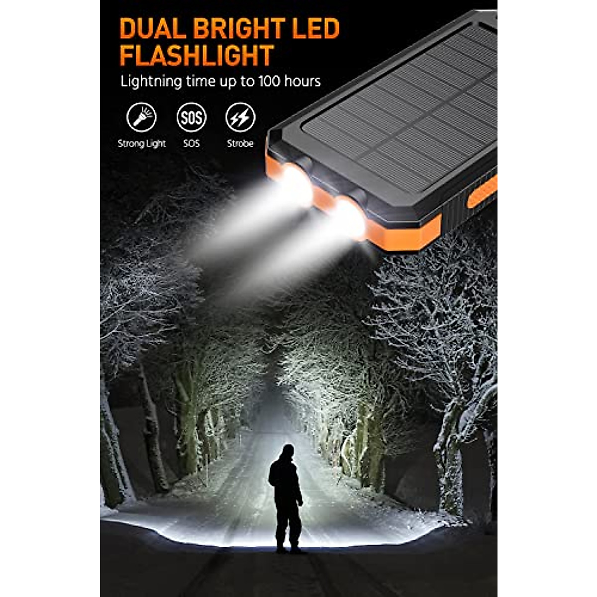 Power-Bank-Portable-Charger-Solar - 36800mAh Waterproof Portable External Backup Battery Charger Built-in Dual QC 3.0 5V3.1A Fast USB and Flashlight for All Phone and Electronic Devices (Orange)