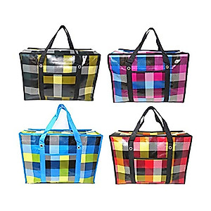 Set of 4 Large Reusable Unbreakable Hard Plastic Fabric Checkered Laundry Bags with Zipper and Handles for Travel, Grocery, Laundry, Shopping, Storage, Moving ,Size:(19.5"x13.5"x7.5")- Colors may vary