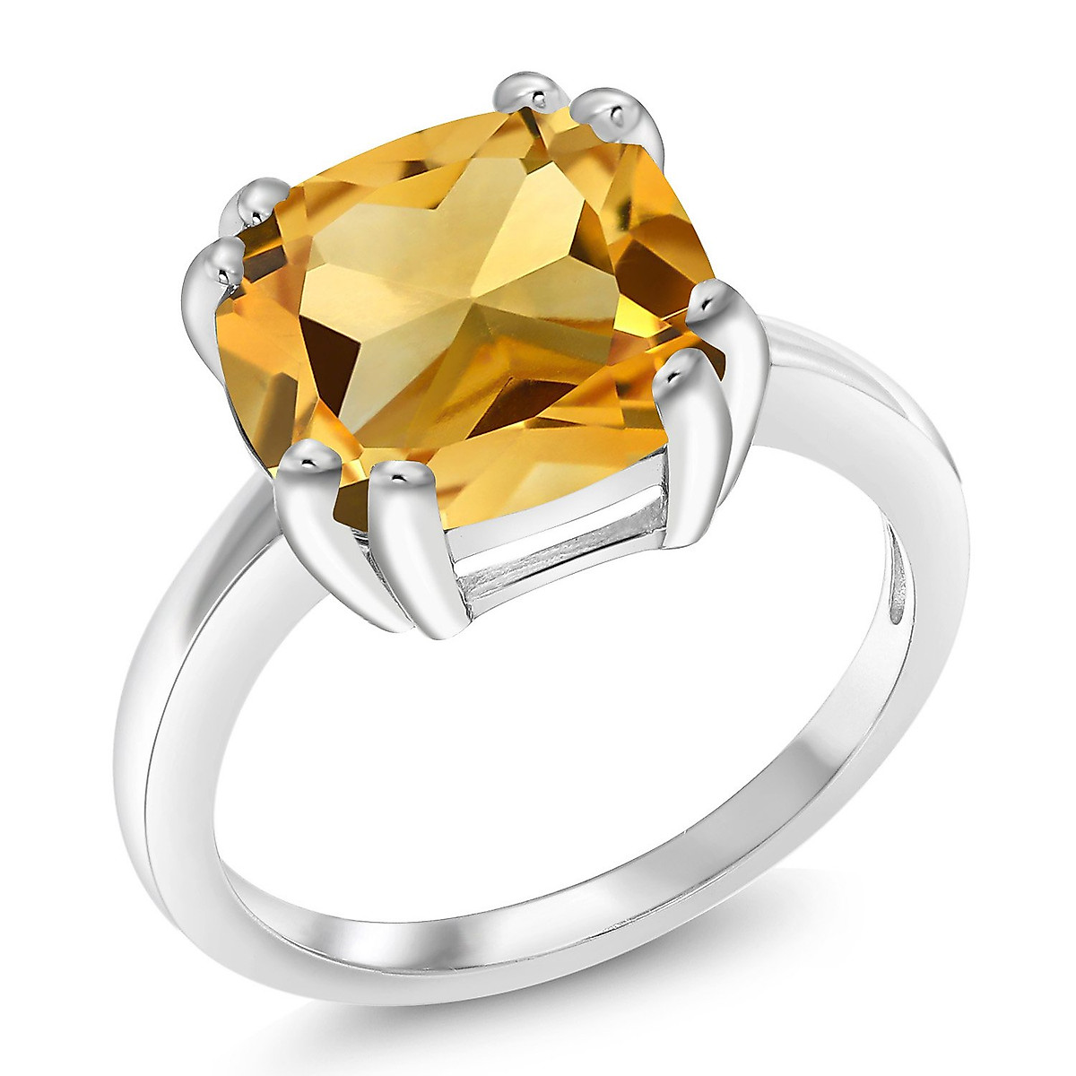Gem Stone King 925 Sterling Silver Yellow Citrine Double Prong Ring For Women (3.22 Cttw, Cushion Cut 10MM, Gemstone Birthstone, Available In Size 5, 6, 7, 8, 9)